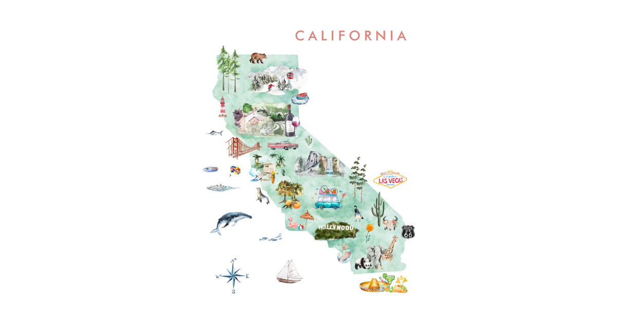 Illustrated Map of California - California Map - T-Shirt | TeePublic
