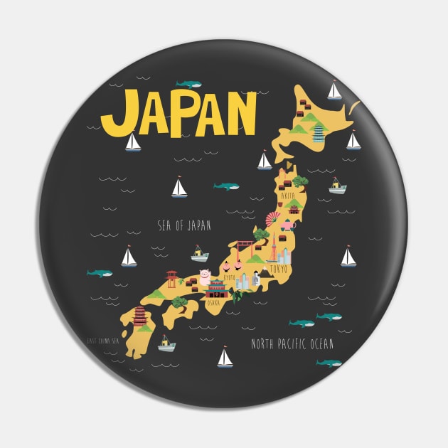 Japan Illustrated Map - Japan - Pin | TeePublic