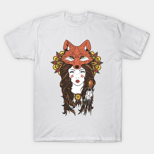 girl and fox colored design - Tribal Girl And Fox Awesome Gift - T ...