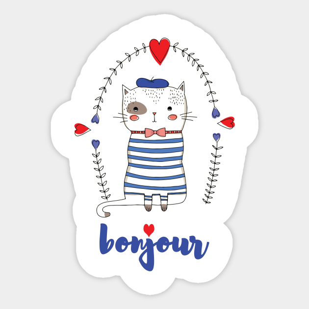 A cute french cat saying bonjour - French - Sticker | TeePublic
