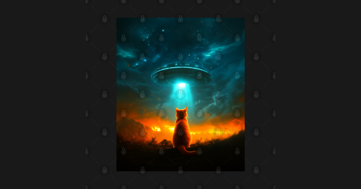 Orange Tabby Cat Gazing at Alien Ship - Alien Cat - T-Shirt | TeePublic