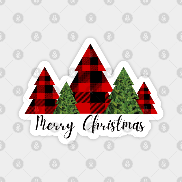 Merry Christmas in Cursive with five Pine Trees - Buffalo Plaid ...