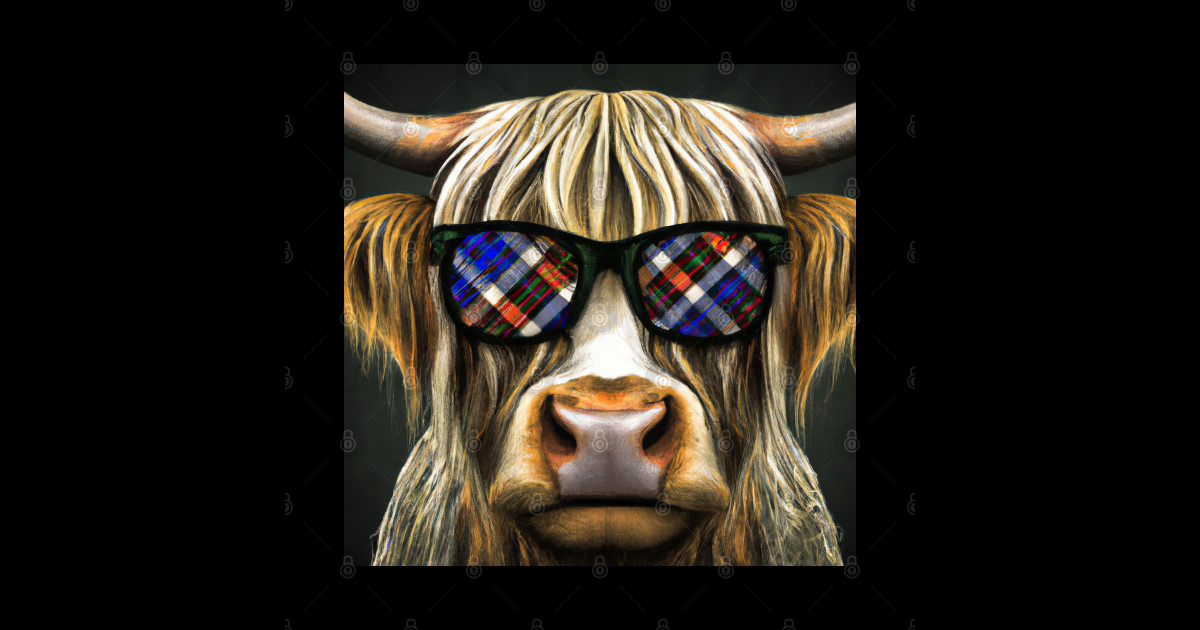 Cute Fluffy Highland Cow Wearing Sunglasses Reflecting Plaid - Highland ...