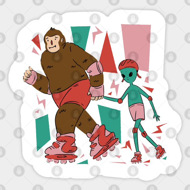Funny Bigfoot And Alien Skating Roller Skate - Skating - Sticker ...