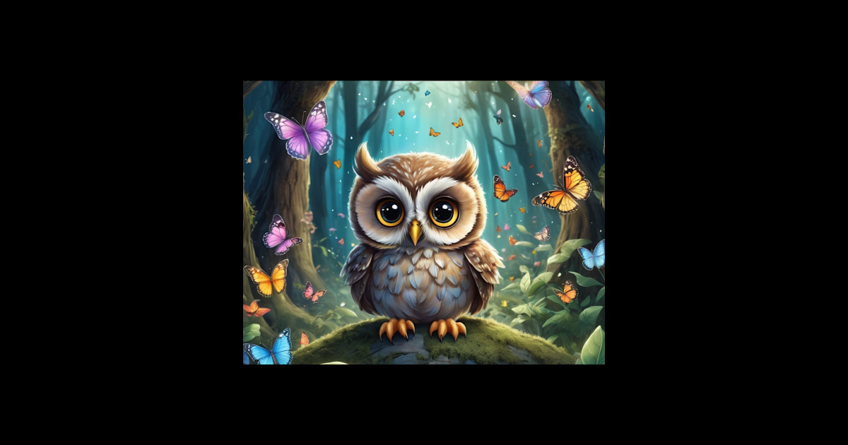 Adorable Baby Owl in Enchanted Forest with Butterflies - Owls Lover ...