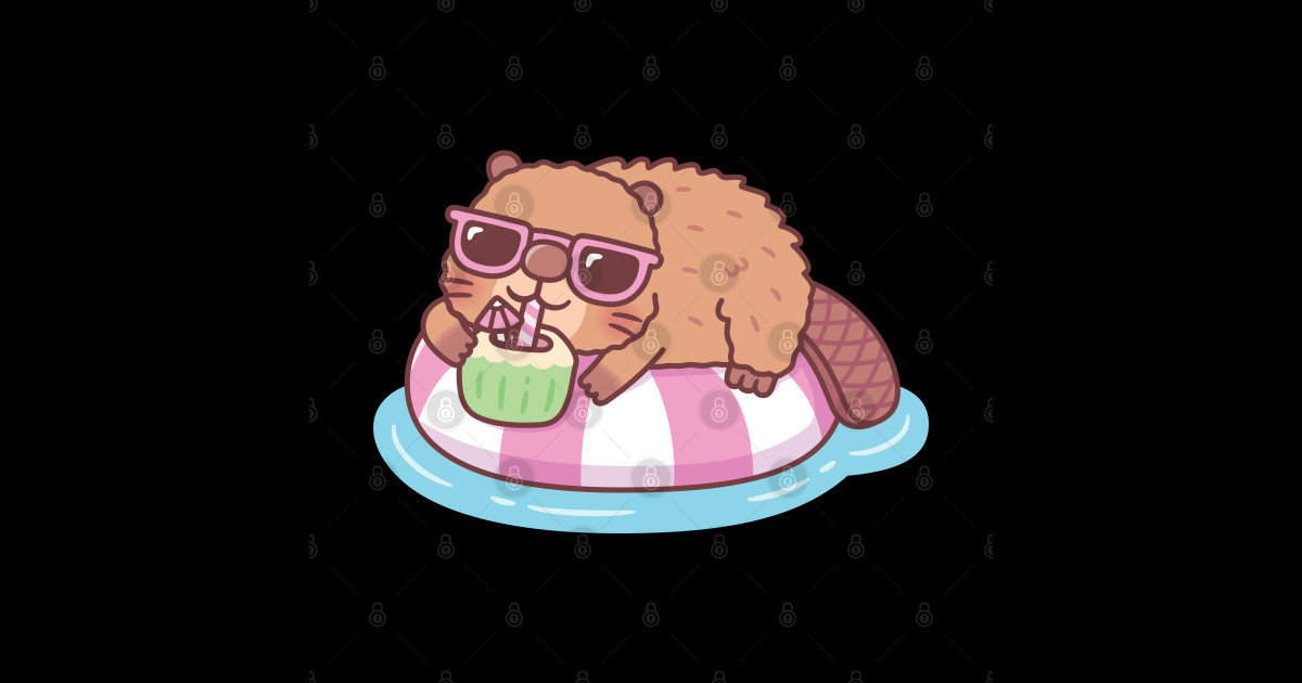 Cute Beaver Chilling On Pool Float Drinking Coconut Juice - Cute Beaver ...