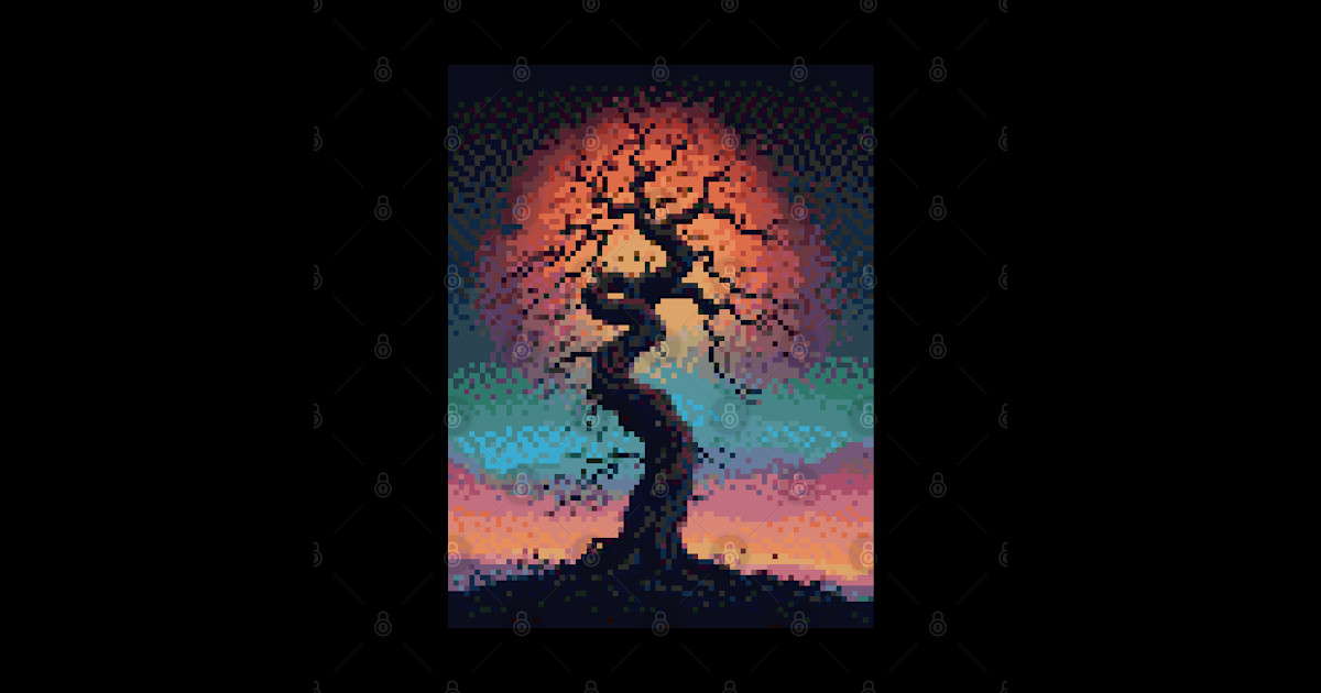 Haunted Tree Pixel Art – Twisted Silhouette at Colorful Sunset ...