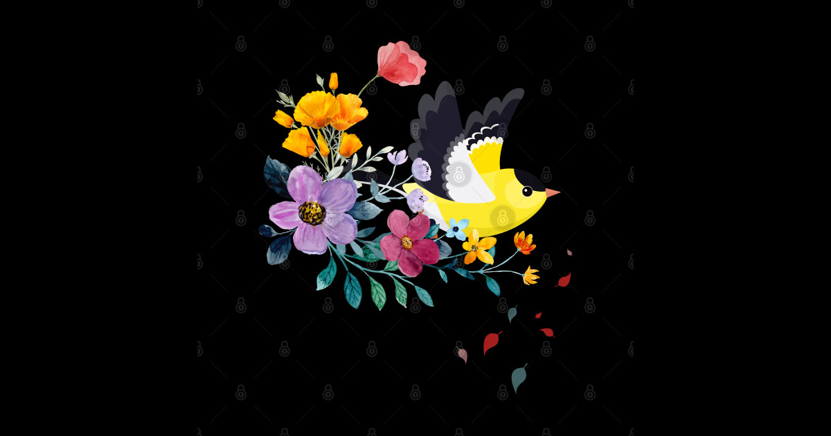 yellow bird and colorful flowers abstract art - Yellow Bird - Sticker ...