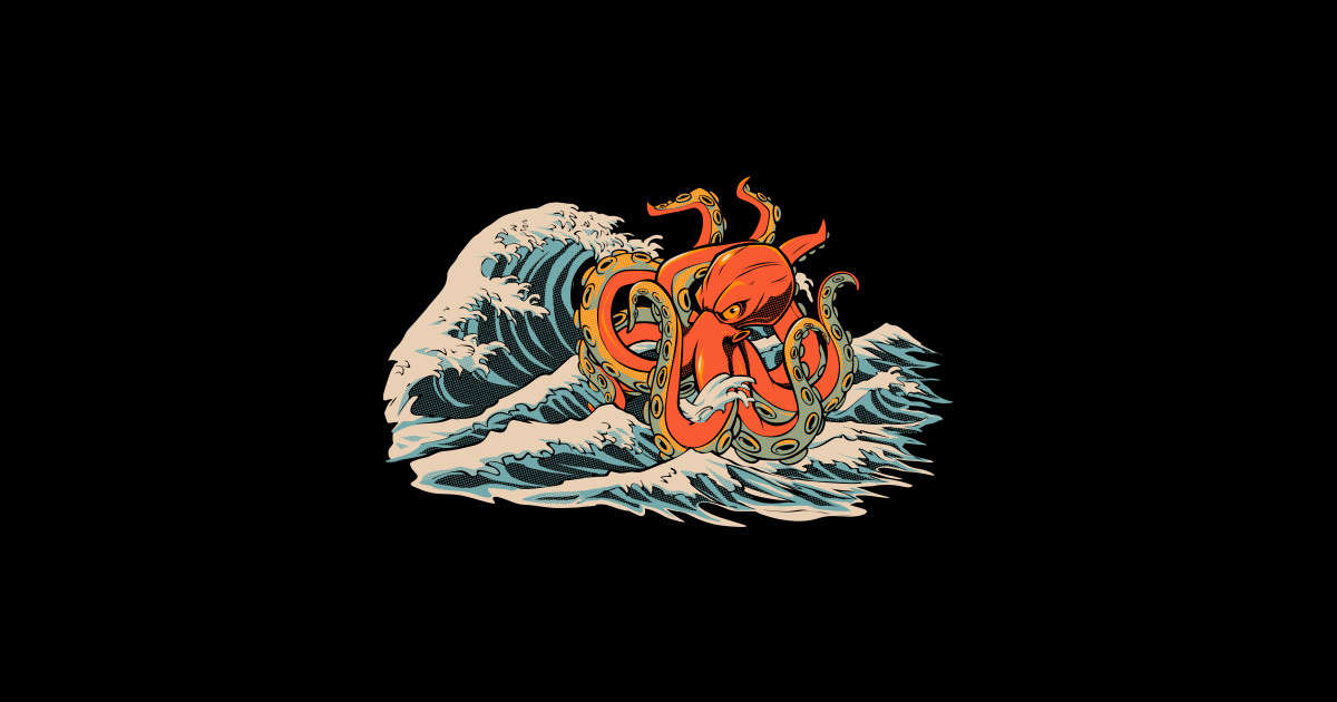 The great wave off kanagawa with a kraken - Great Wave Off Kanagawa - Sticker | TeePublic
