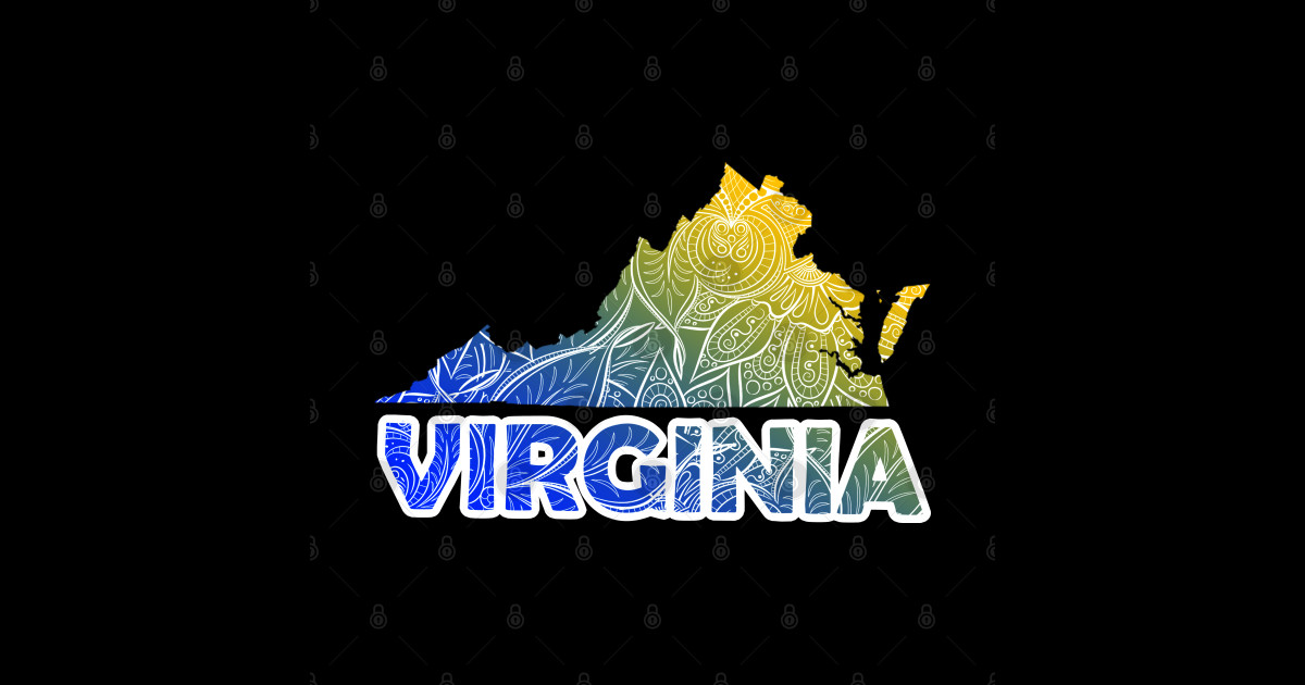Colorful mandala art map of Virginia with text in blue and yellow ...