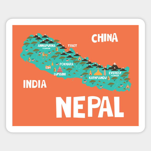 Nepal Illustrated Map - Nepal - Sticker | TeePublic