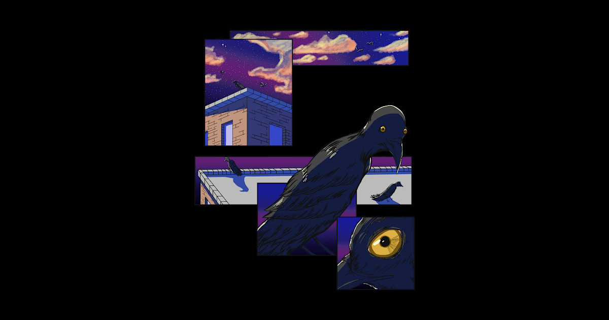 Midnight Crows On Rooftops Comic Panel Design - Spooky Cute - Sticker ...