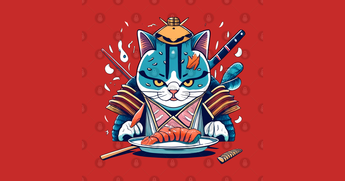 samurai cat and sashimi - Cat - T-Shirt | TeePublic