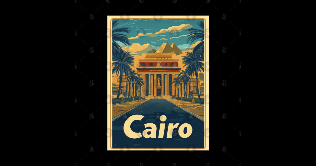 This retro travel poster highlights the grandeur of Cairo, featuring ...