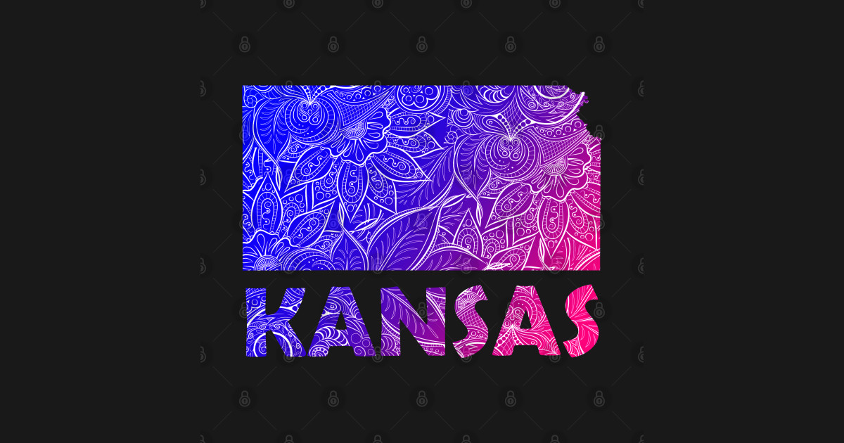 Colorful mandala art map of Kansas with text in blue and violet ...