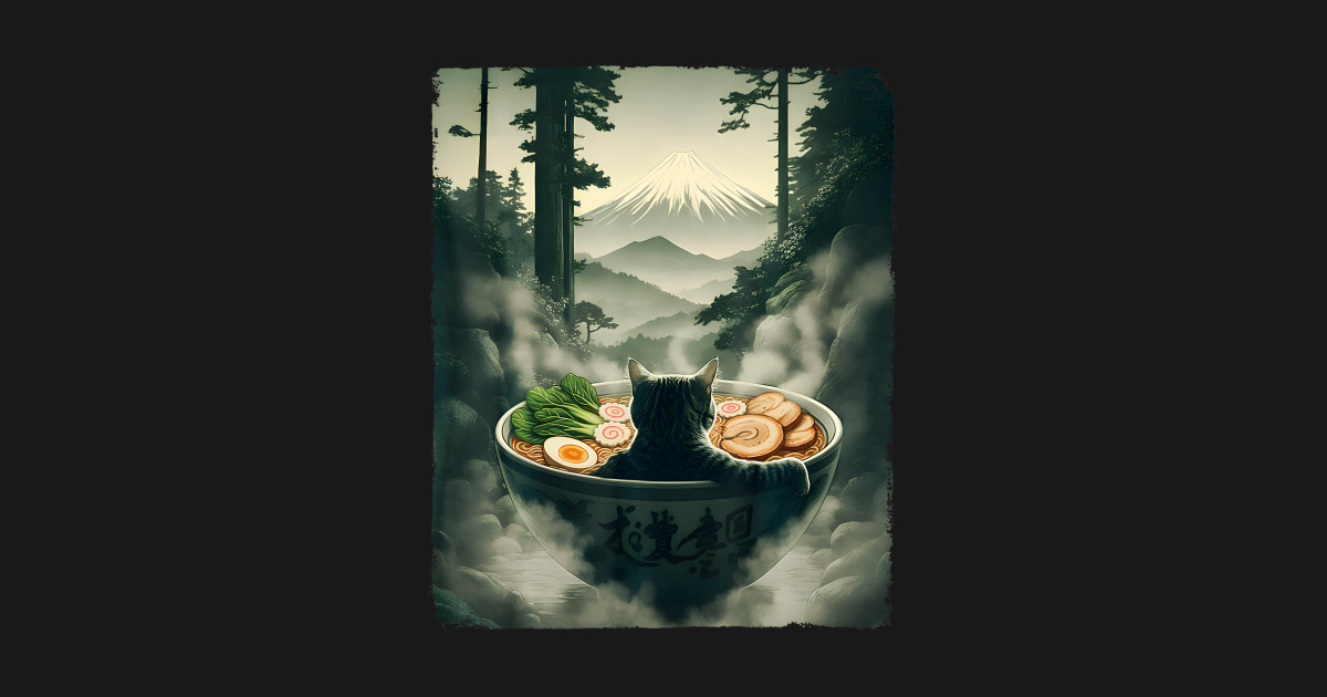 Cat Mount Fuji Zen Aesthetic Japanese - Cat Ramen Art - T-Shirt | TeePublic
