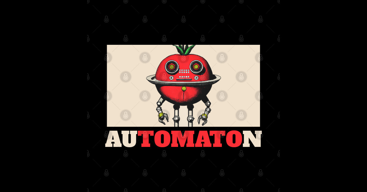 "auTOMATOn" Tomato Robot Pun Brutalism - Automaton - Sticker | TeePublic