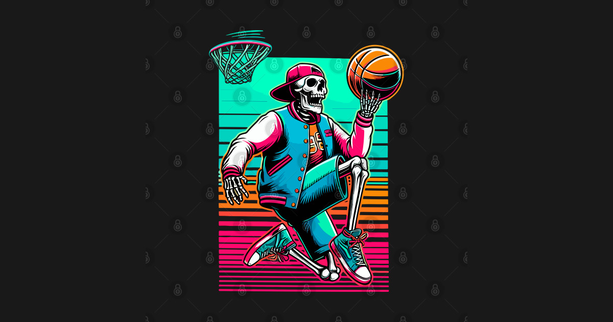Swoosh! College Ballin' Skeleton Slams Dunk - Neon Hoops Champion Tee ...