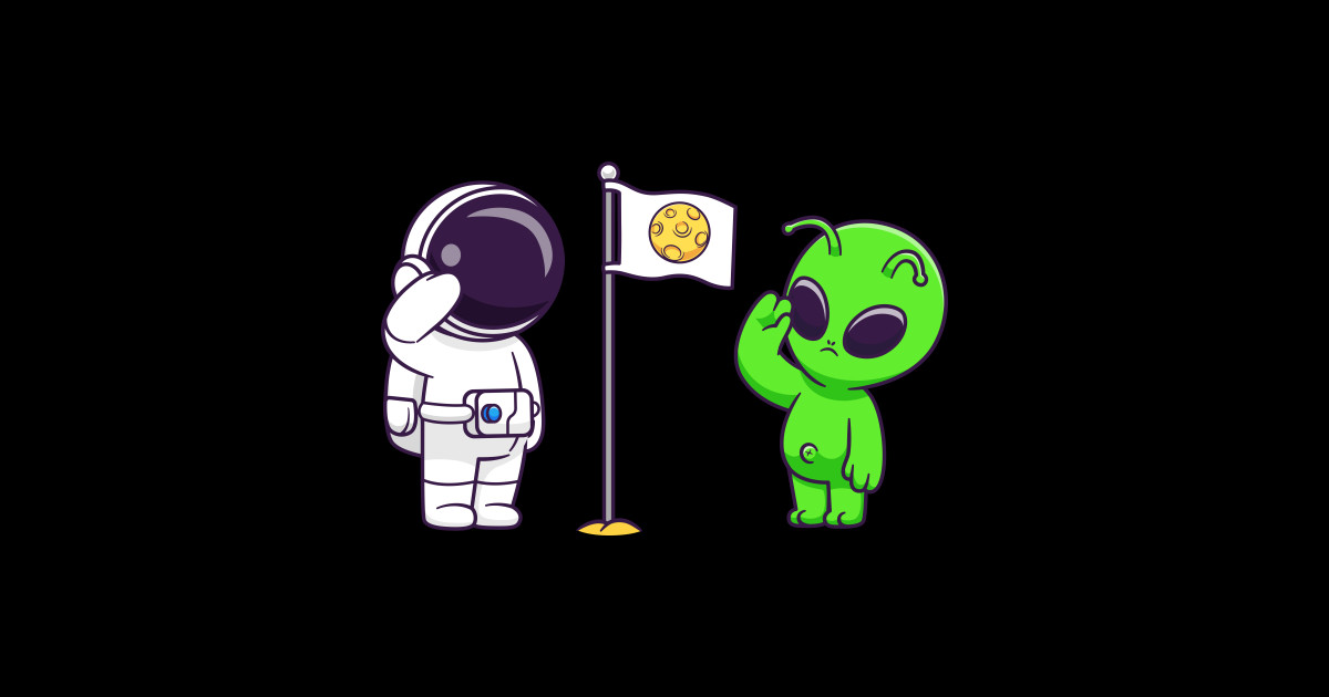 Cute Astronaut and Cute Alien Respect Moon Flag Cartoon - Cute ...