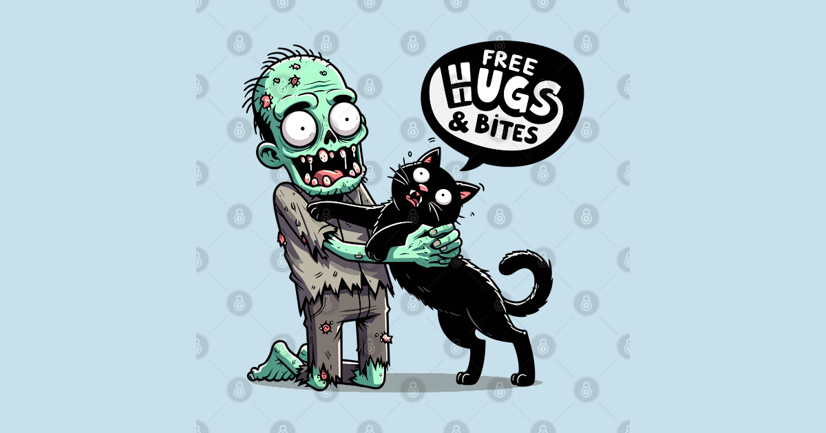 Free Hugs and bites - Zombie hugging black cat - Zombie Puns - T-Shirt ...