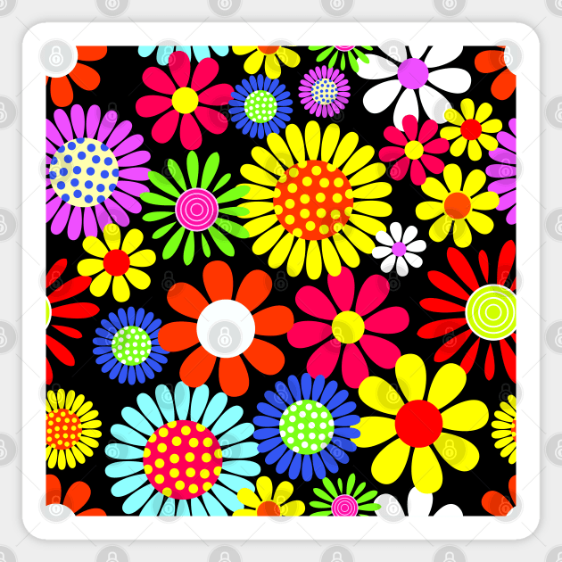 Retro Daisies Flower Power Pattern - Colorful Daisies - Sticker | TeePublic