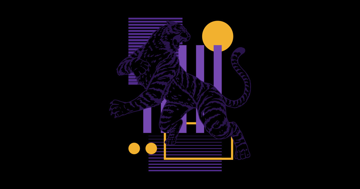 Retro 80s Purple & Gold Tiger on the Attack // Vintage Geometric Shapes ...