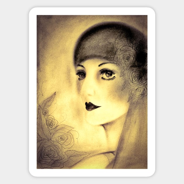 SEPIA ART DECO FLAPPER DRAWING - Floral - Sticker | TeePublic