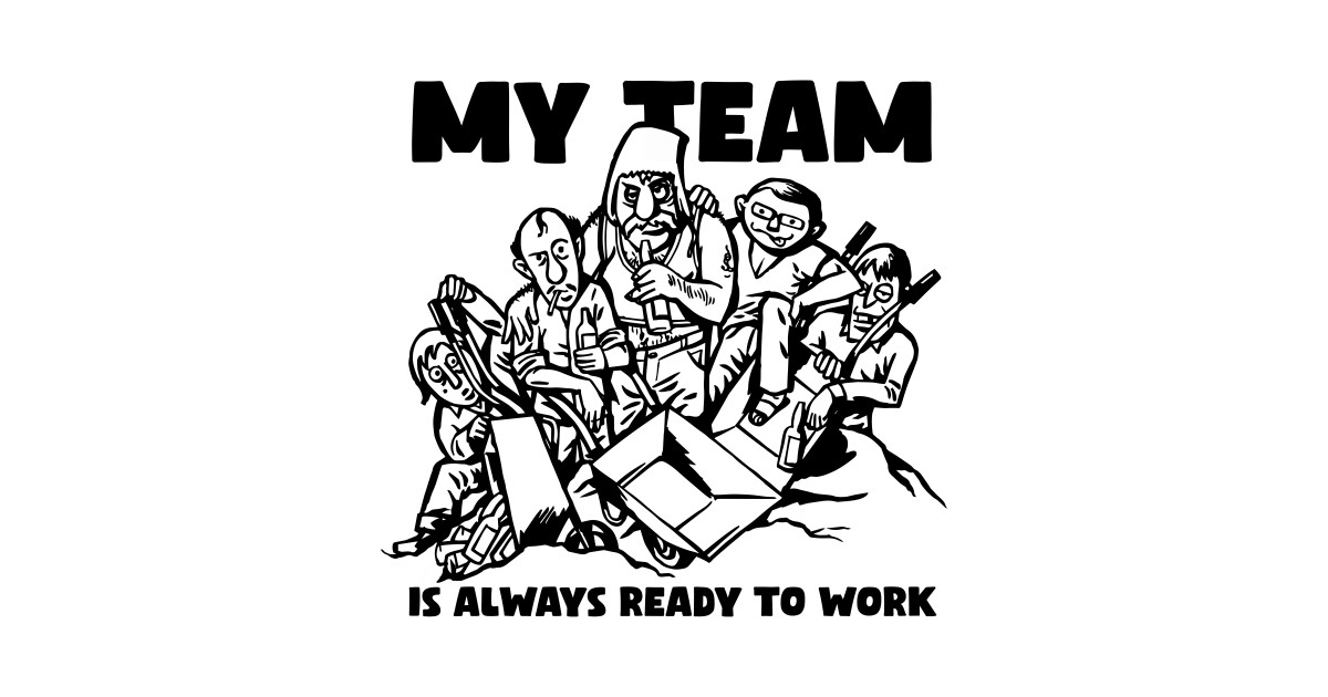 My team is always ready to work! Funny comic illustration of team at ...