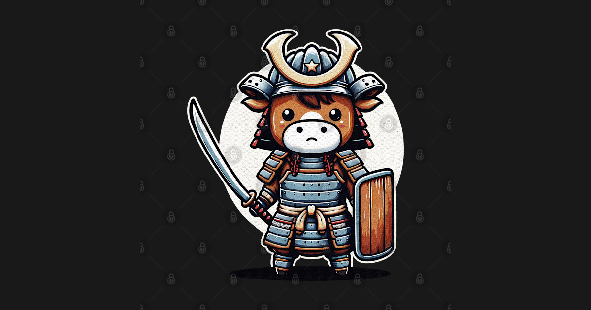 Kawaii Samurai Animal Cow Warrior with Katana Shield Cute - Kawaii ...