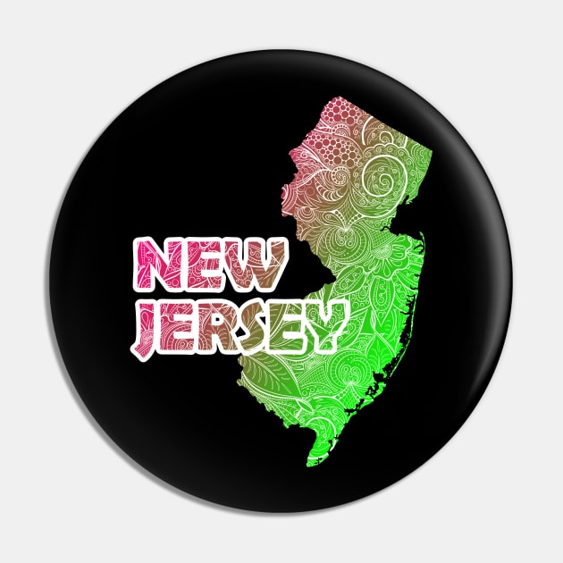 Colorful mandala art map of New Jersey with text in pink and green ...