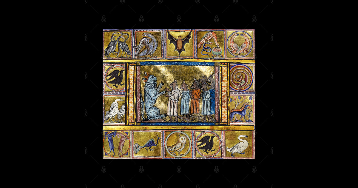 MEDIEVAL BESTIARY,LION KING WITH ANIMALS IN GOLD RED BLUE COLORS ...