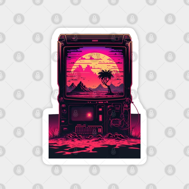 Retro Futuristic Computer Displaying Synthwave Sun - Synthwave Arcade ...