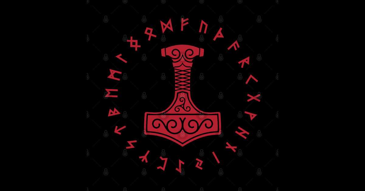 Thors Hammer Mjolnir Norse Pagan Elder Futhark Runes Red - Mjolnir ...