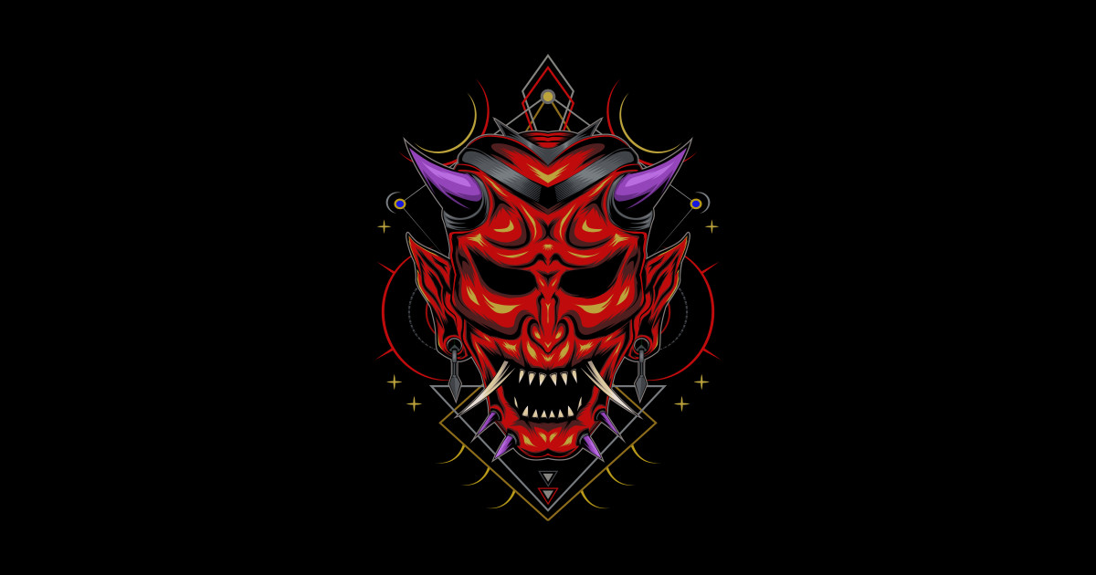 Japanese demon mask illustration - Red Devil Face - Sticker | TeePublic