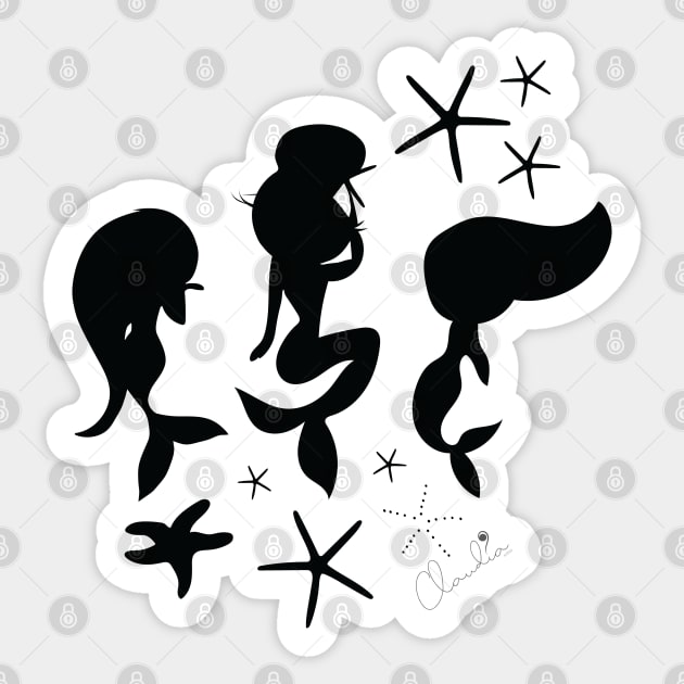 White on Black Mermaid Stars Silhouette Seamless Pattern Print Design ...