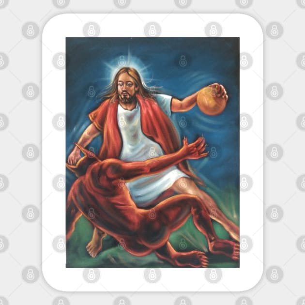 jesus crossing the devil - Jesus Crossing The Devil - Sticker | TeePublic