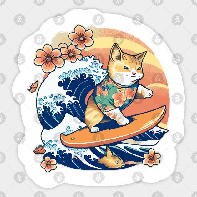 Surfing Japanese Cat - Surfing Cat - Sticker | TeePublic