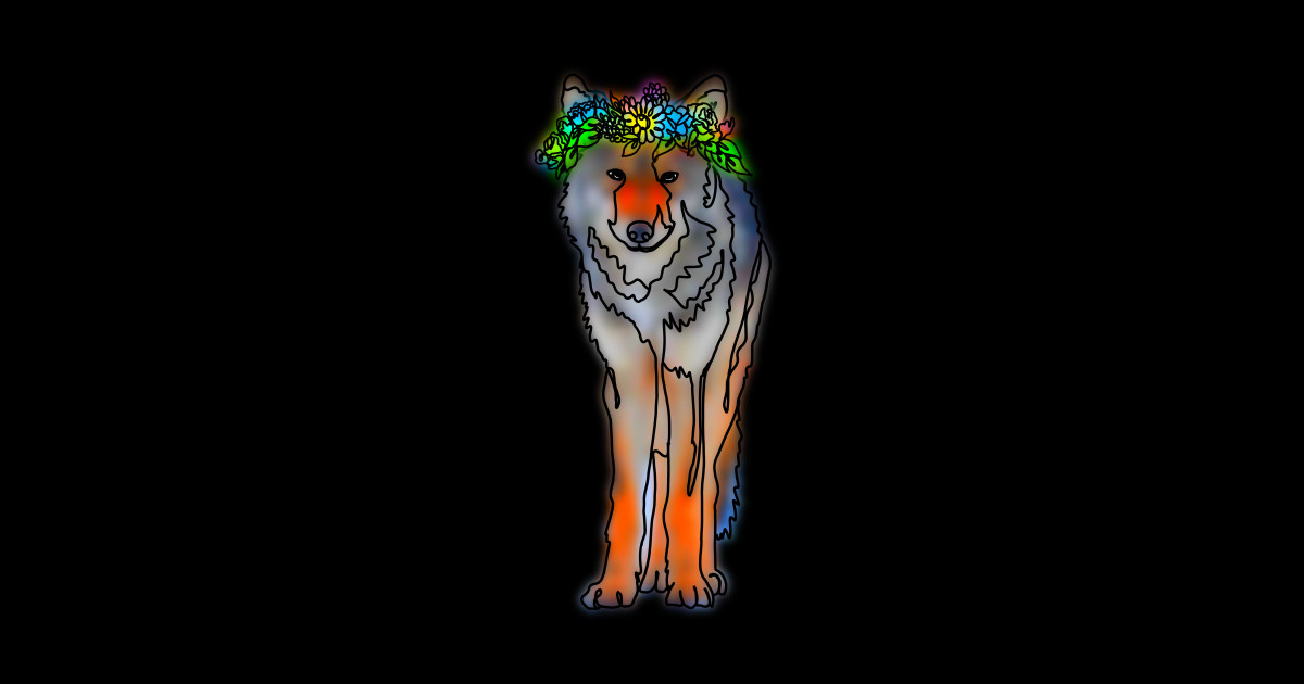 Wild Wolf with Flower Crown – Elegant Line Drawing Forestcore Art ...