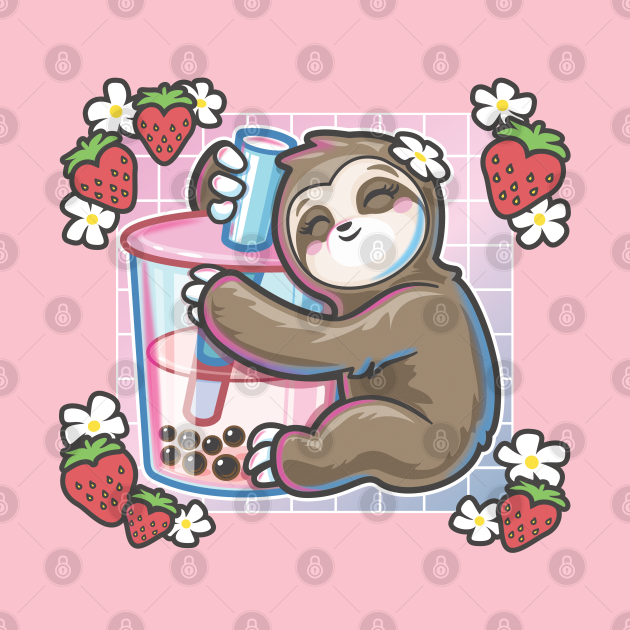 Kawaii Sloth Strawberry Milk Boba Tea - Boba Tea Kawaii - T-Shirt ...