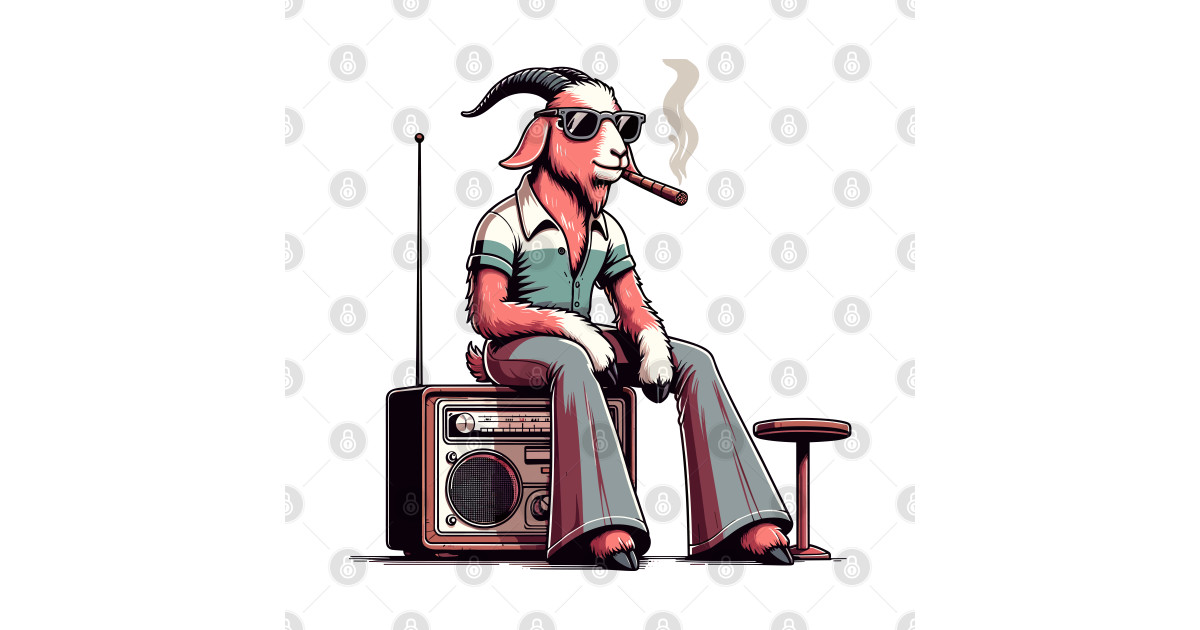 smoking 70s goat sitting on vintage radio - Goat - T-Shirt | TeePublic