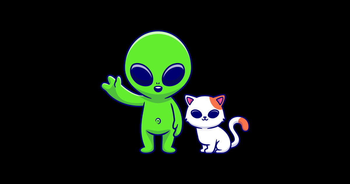 Cute Alien with Cat Cartoon - Cute Alien With Cat Cartoon - Sticker ...
