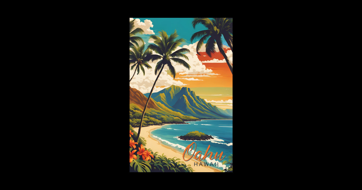 Oahu Hawaii Modern Travel Poster Vintage Style - Oahu Hawaii - Sticker ...
