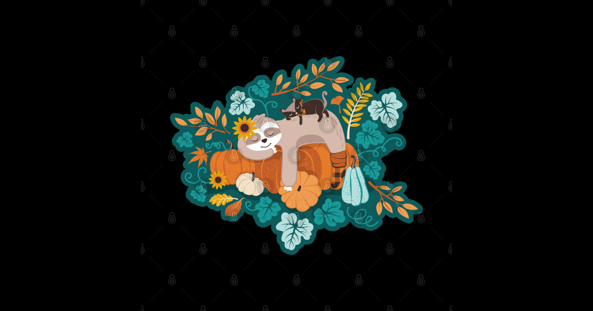 Sloths in pumpkin mood // spot // green background orange teal and aqua ...