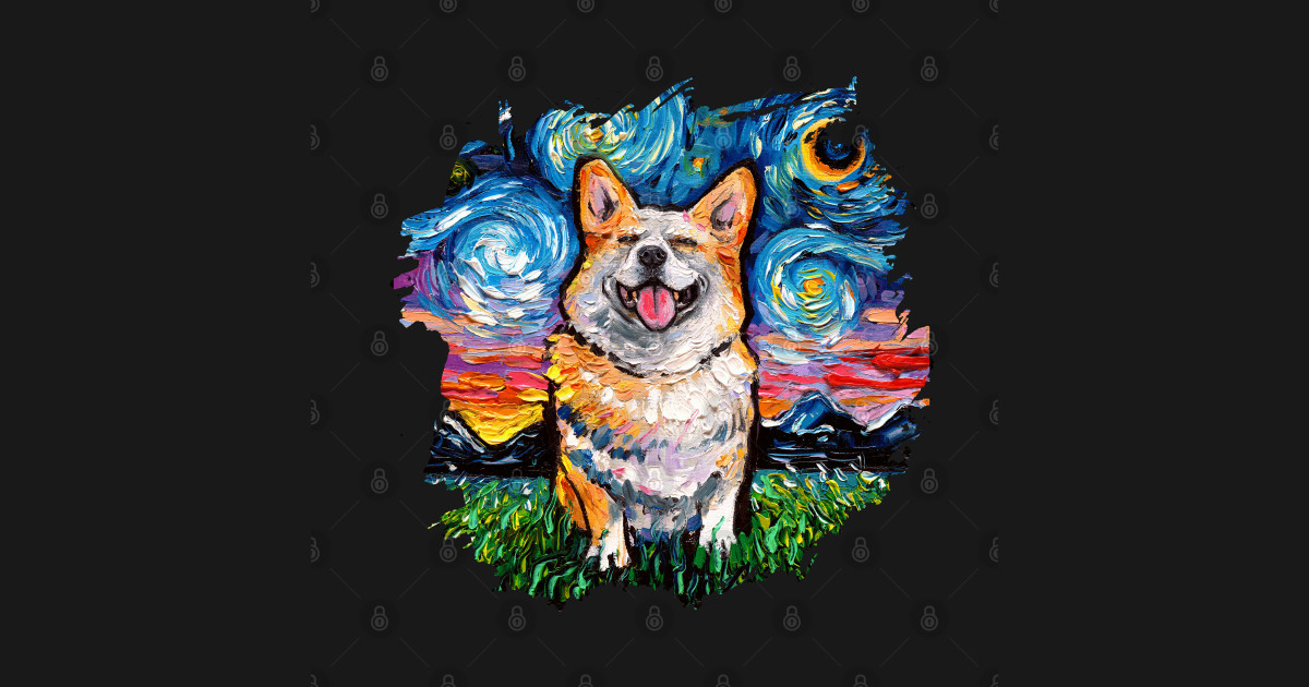 Smiling Corgi Night with border - Corgi - T-Shirt | TeePublic
