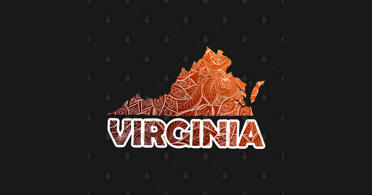 Colorful mandala art map of Virginia with text in brown and orange ...