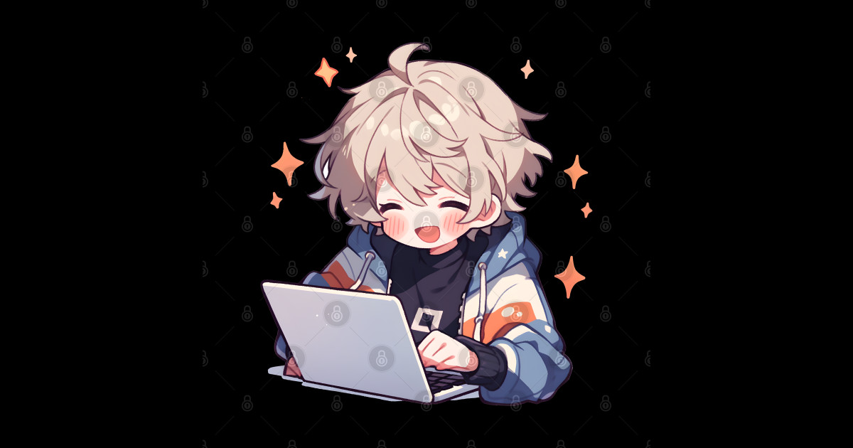Cute Anime boy using laptop - Anime Boys - Sticker | TeePublic