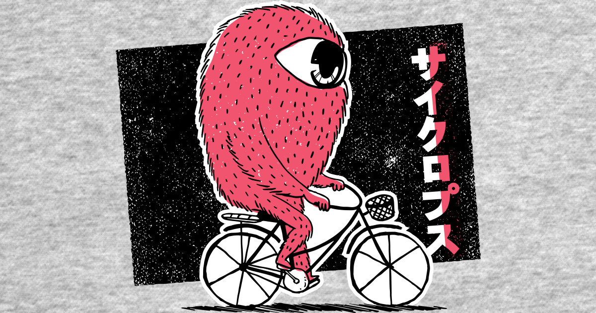 Pink Cyclops Monster on Bicycle | Fun Design with Asian Hieroglyphs ...