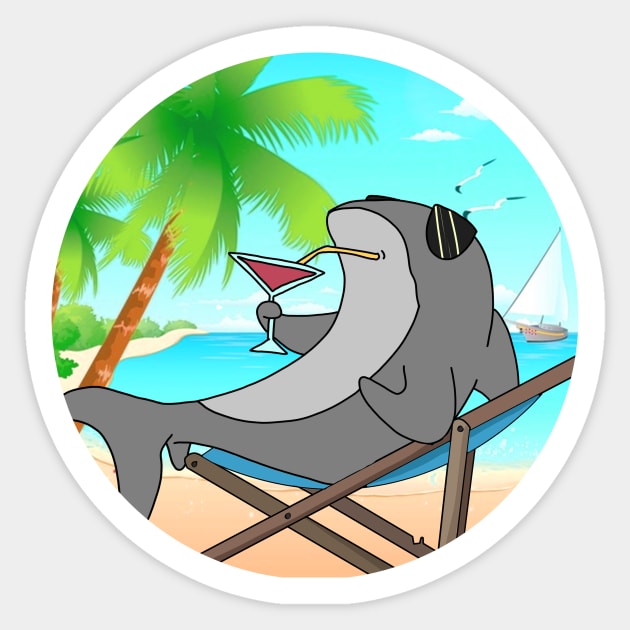 Shark Chilling At Beach With Sunset Comic Style - Shark - Sticker ...