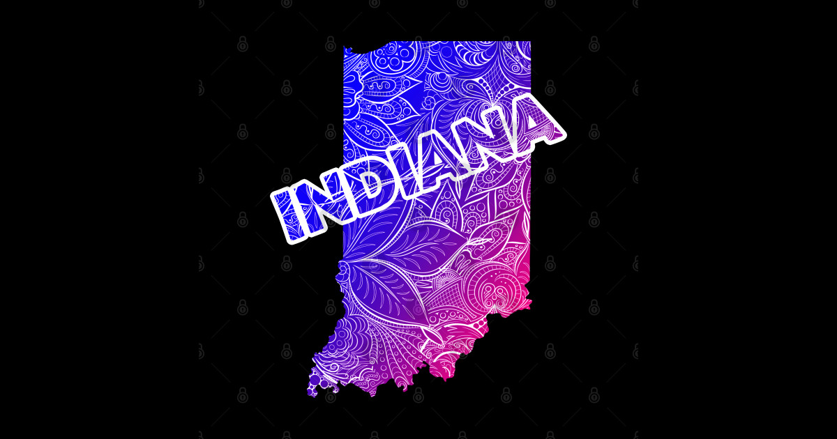 Colorful mandala art map of Indiana with text in blue and violet ...