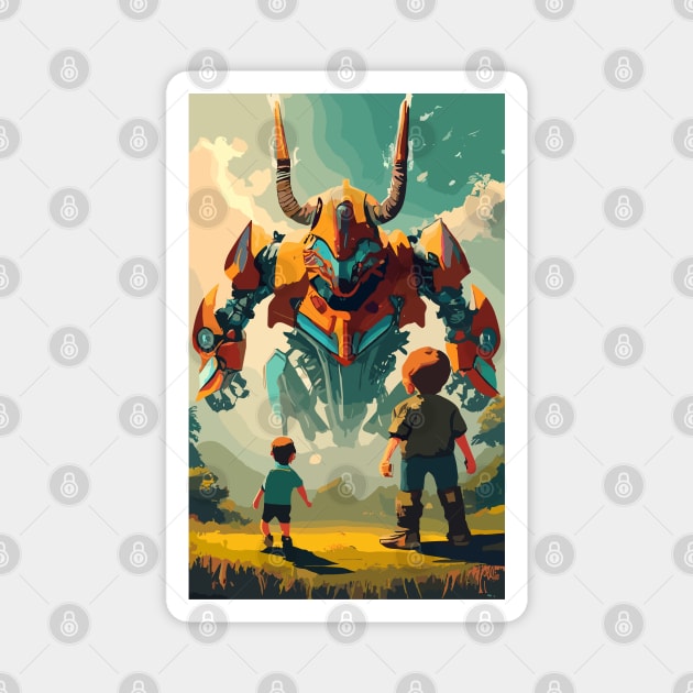Kids Looking Up at a Giant Yellow Horned Mech - Mecha - Magnet | TeePublic